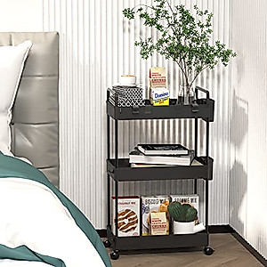 Ronlap Slim Storage Cart, 3 Tier Utility Rolling Cart with Wheels Lash Cart Organizer Small Slide Out Mobile Storage Cart with Hanging Cup Divider for Bathroom Laundry Room Kitchen Narrow Place, Black