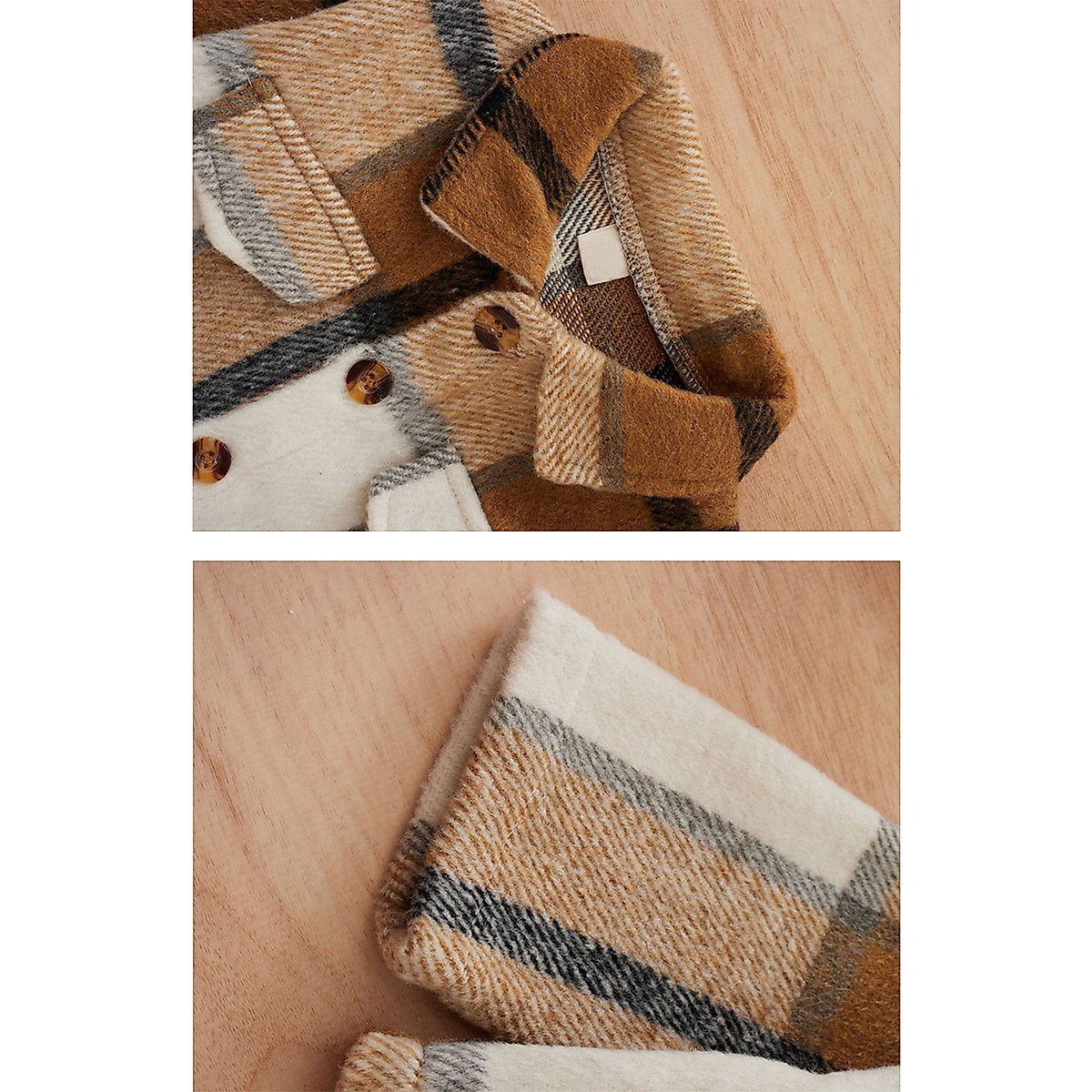 Hooever Girl's Boy's Brushed Plaid Shirts Pockets Button Down Plaid Flannel Shacket (Khaki, 4T)