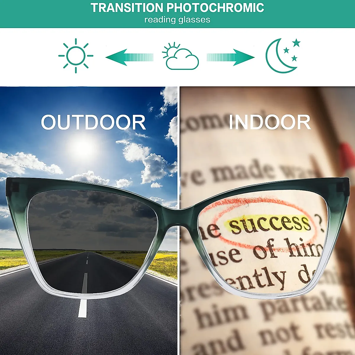 Oversized Reading Glasses Women Cat Eye Photochromic Computer Reader Stylish Ladies Designer Fashion Big Unbreakable Eyewear 2Pack Black & Dark Green +3.0x