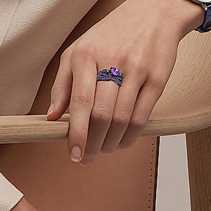 Gothic Black Skull Rings Red Purple Crystal Ring Cocktail Party Halloween Biker Rings for Women Halloween Gifts (Purple, 7)