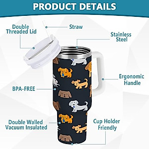 RPLIFE Cartoon Style Dogs Black 40oz Tumbler with Handle, Stainless Steel Water Bottle with Straw, Travel Coffee Tumbler