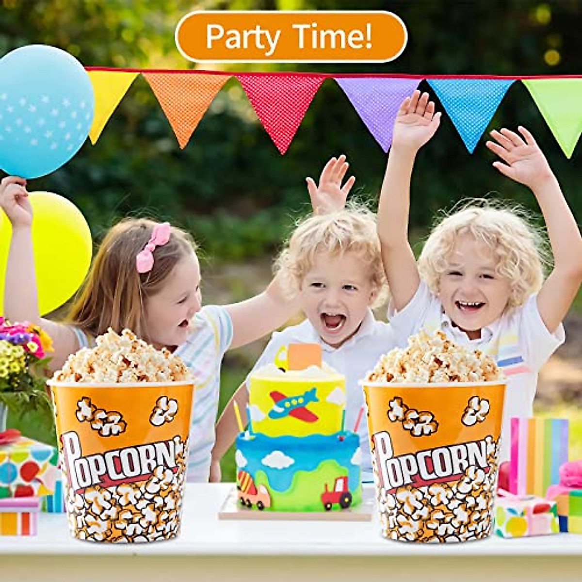 RAYMEA Plastic Popcorn Containers Retro Style Reusable Popcorn Buckets for Movie Night 7.1”x7.1”x5.1” - 4 Pack