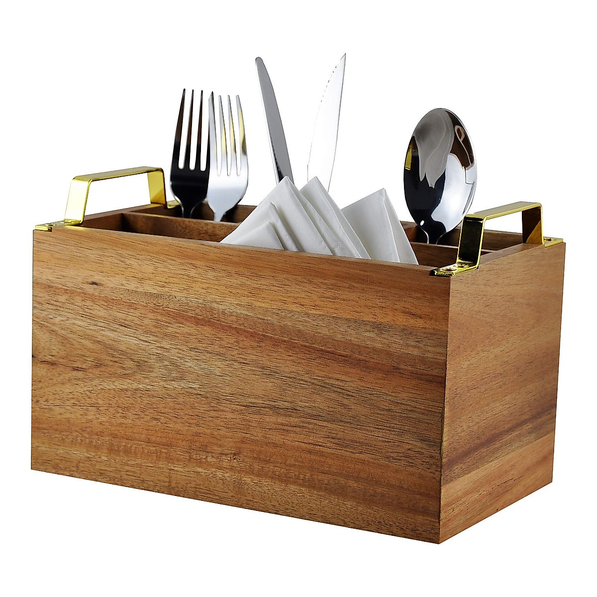 Spiretro Flatware Caddy - Silverware Utensil Holder - Condiment Organizer for Kitchen, Dining, Entertaining, Picnics - 4 Compartments - Solid Acacia Wood with Golden Metal Handle - Brown