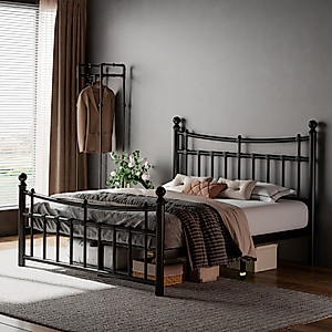 Feonase Queen Size Metal Bed Frame with Modern Iron-Art Headboard & Footboard, Platform Bed Frame with 12" Storage Space, Hardened Steel Slats, No Box Spring Needed, Black