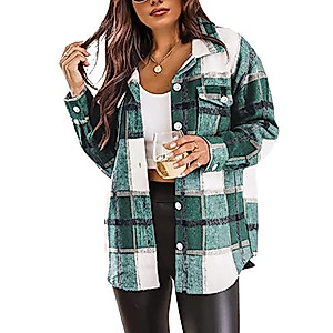 Tanming Womens Brushed Flannel Plaid Lapel Button Short Pocketed Shacket Shirts Coats（01 Green-M）