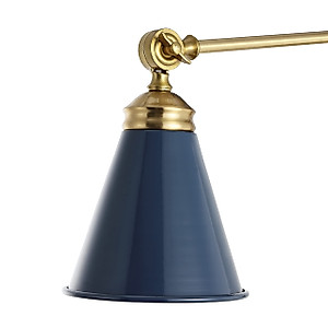WINGBO Swing Arm Wall Lamp, Modern Adjustable Wall Mounted Sconce, Warm Brass Finish and Blue Metal Shade