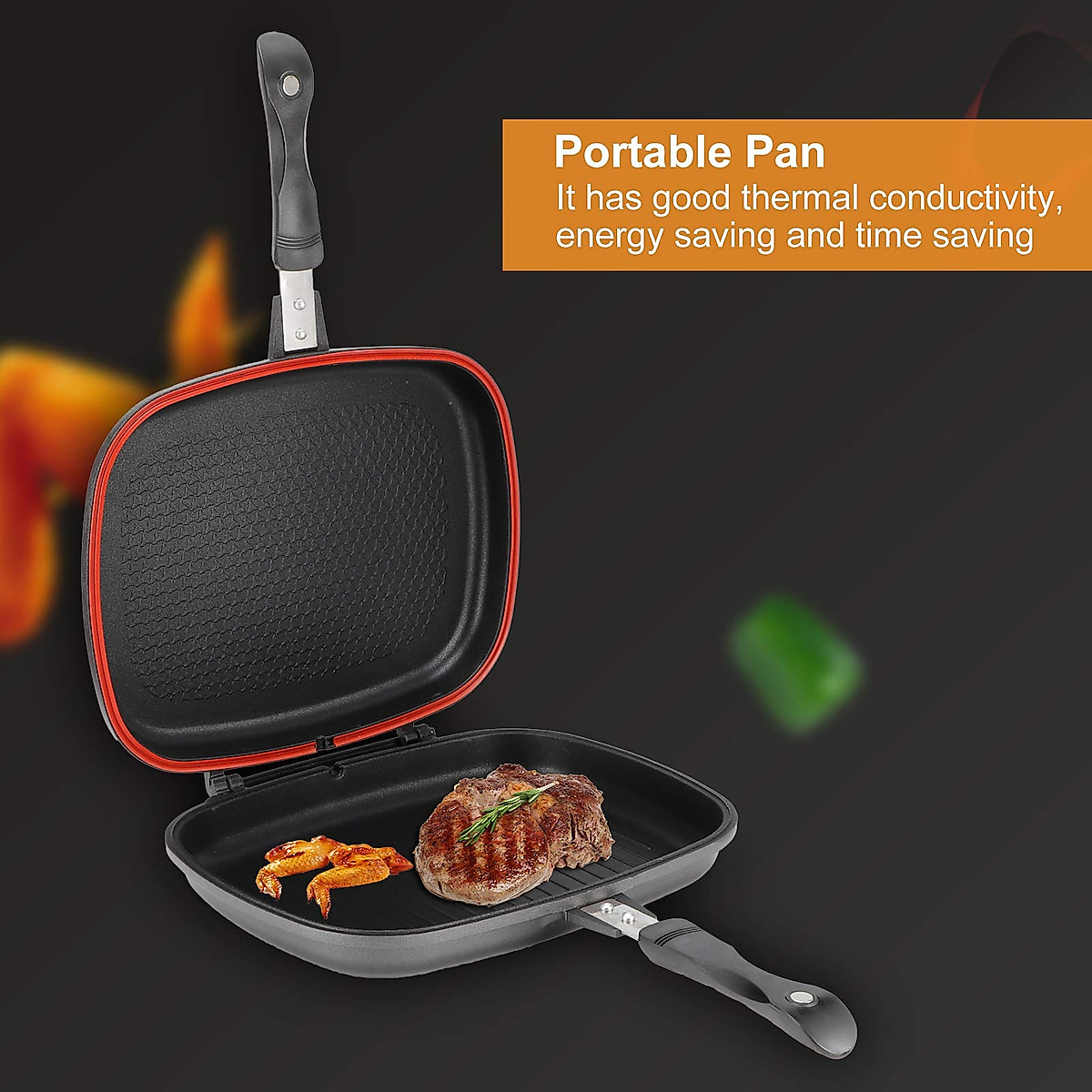 RBSD Double-sided Frying Pan, 32cm/12.6in BBQ Grill Pan, Double Side Pressure Cooking Grill Pan, Portable Grill Pot for Home Cooking, Anti‑Burn Handle, Grill Cookware Kitchen Supplies