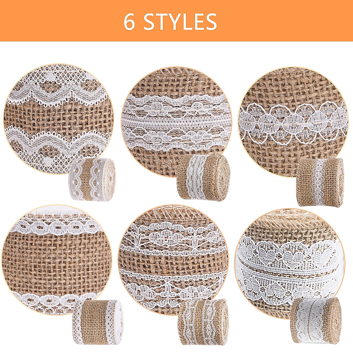 Livder 6 Rolls 2 Inch Width Natural Jute Burlap Ribbon with White Lace for DIY Home Decoration, Wedding Party and Gift Packaging