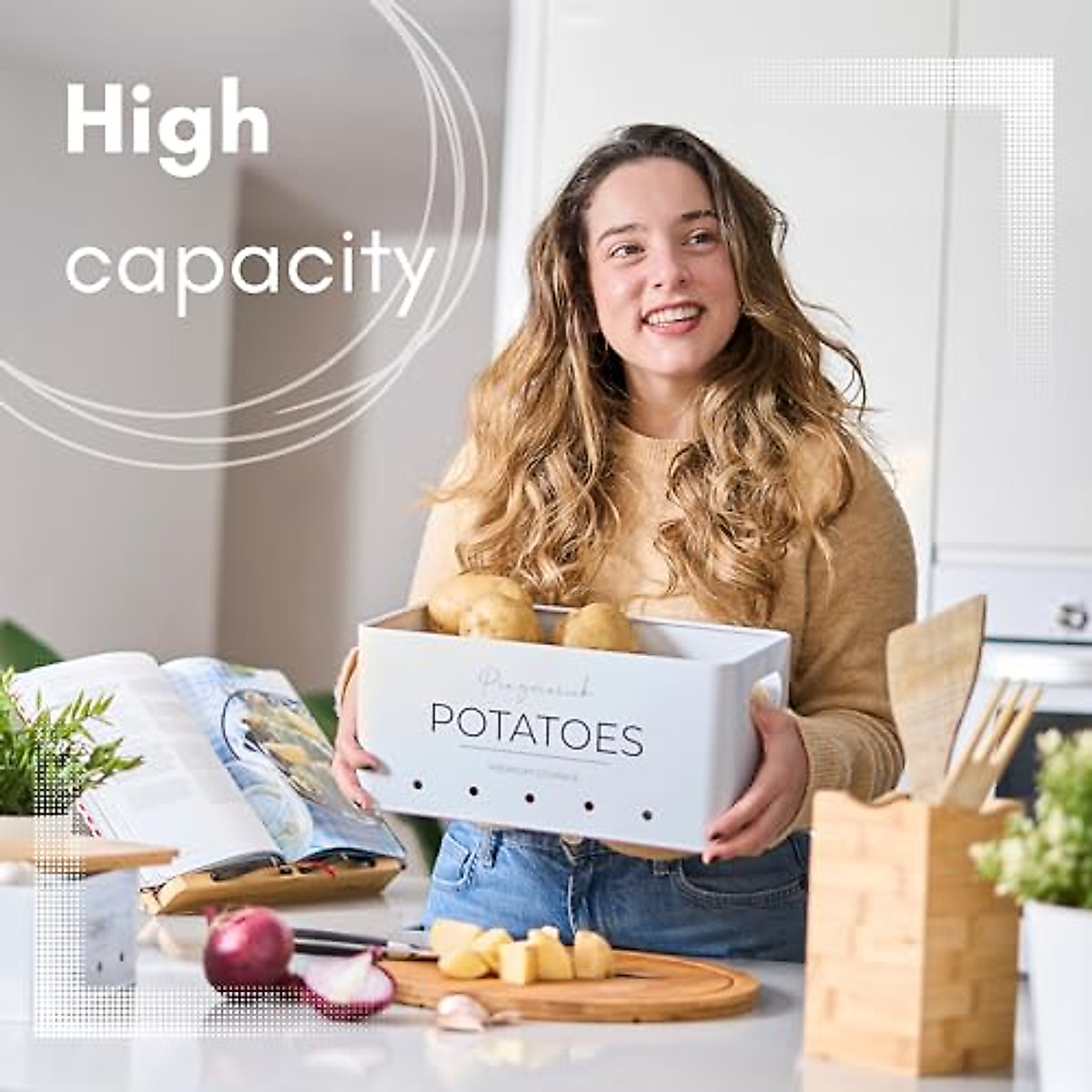 Canisters Sets for the Kitchen Organization, Potato Storage, Onion Storage, Garlic storage, Vegetable storage, Canisters Set for Countertop, Set of 3 Galvanized Steel with Ventilation and Bamboo Lids