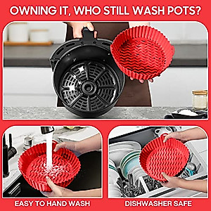 Air Fryer Liners, MIAOKE 8.5 Inch Silicone Air Fryer Liners with Silicone Oil Brush And Anti-Scald Gloves Set Heat Resistant Easy Cleaning Reusable Air Fryer Accessories 5 Pack- (Red/Pink)