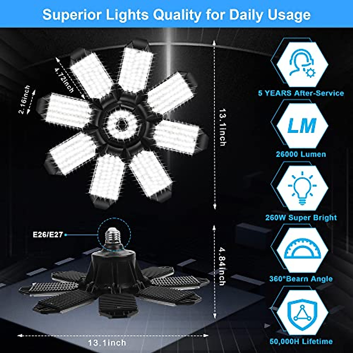 AUDLES 8+1 LED Garage Light, 260W LED Shop Light, E26/E27 Super Bright Deformable Ceiling Light Garage Lighting, Bay Light, Attic Light, Basement Light 2PK