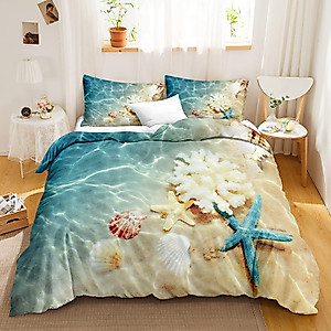 Bedbay Beach Queen Duvet Cover Set,Coastal Bedding Set Queen,Teen Girls Boys Starfish Beach Decor 3 Pieces Microfiber Quilt Cover,Beach Themed Bedding Set for Summer (Turquoise,Queen)