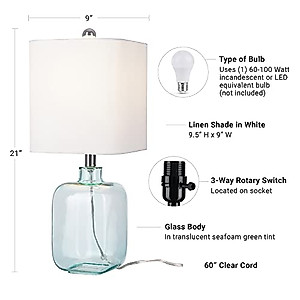 Catalina 23102-001 Coastal Translucent Glass Table Lamp with Linen Shade, 21", Sea Foam Green