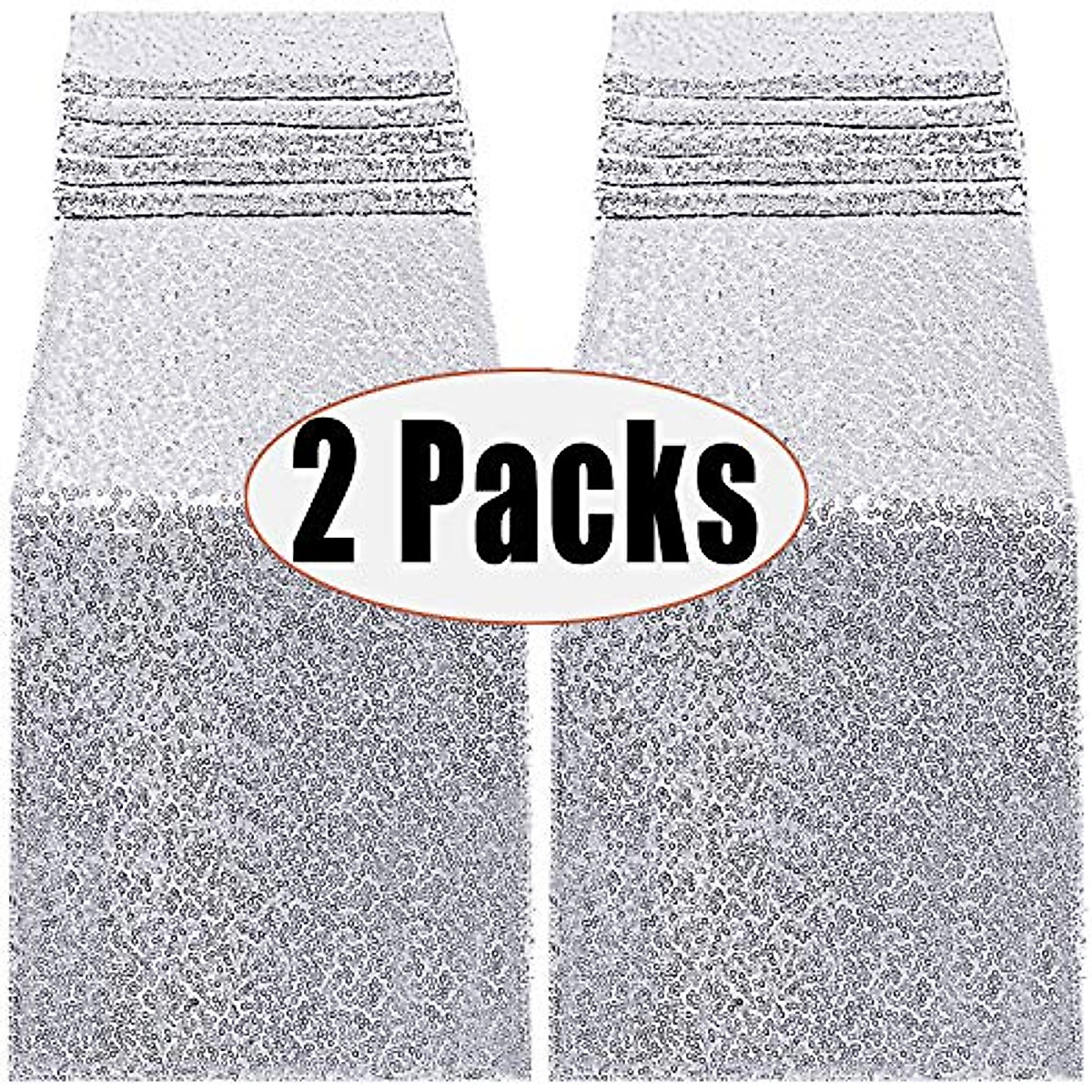 FECEDY 2 Packs 12 x 108inch Glitter Silver Sequin Table Runner for Birthday Wedding Engagement Bridal Shower Baby Shower Bachelorette Holiday Celebration Party Decorations