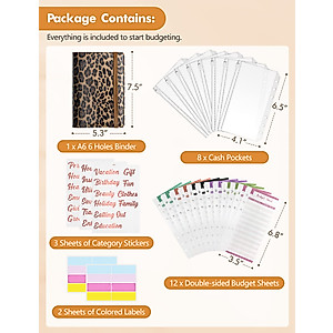 A6 Budget Binder for Money Saving Binder, PU Leather Budget Planner with 8 Cash Envelopes, Budget Sheets & Rose Gold Category Stickers, Money Organizer for Cash Binder (Leopard)
