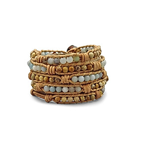 MGR MY GEMS ROCK! Multi-layer Hand Crafted Mix Stone Beaded on Genuine Leather Boho Style Leather Wrap Bracelet Super Wrap Bracelet 35" Long, up to 5 Wraps-Amazonite and Picture Jasper Mix