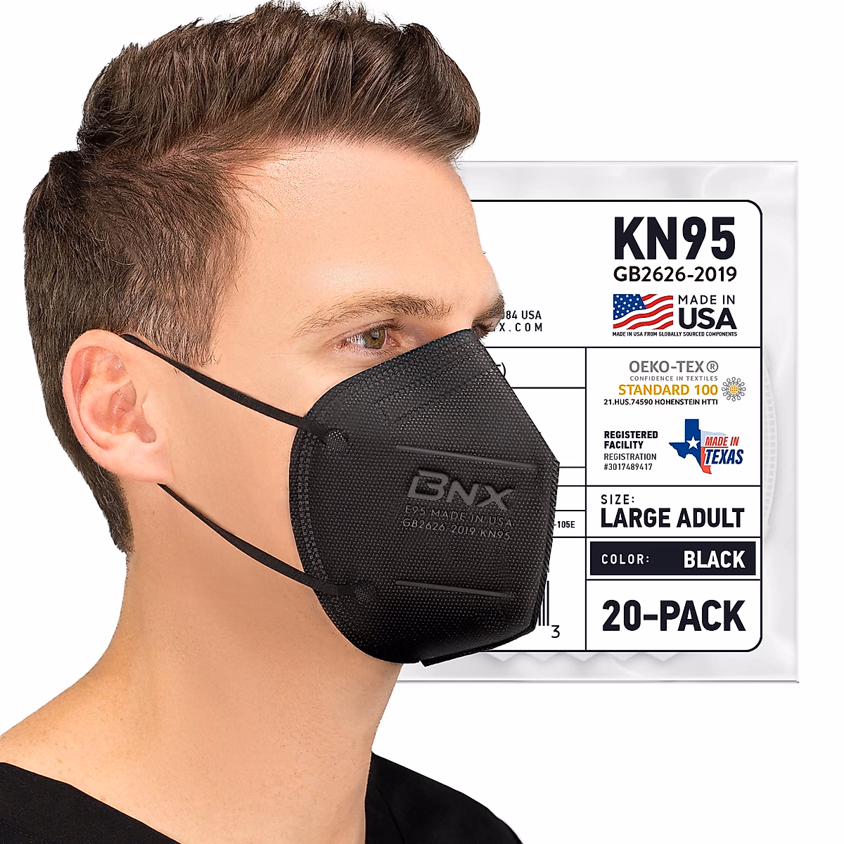 BNX KN95 Face Mask Made in USA (20-Pack), FDA Registered KN95 Mask Disposable Particulate Protective Mask, GB2626-2019, Protection Against Dust, Pollen and Haze (Earloop) (Model: E95) Black