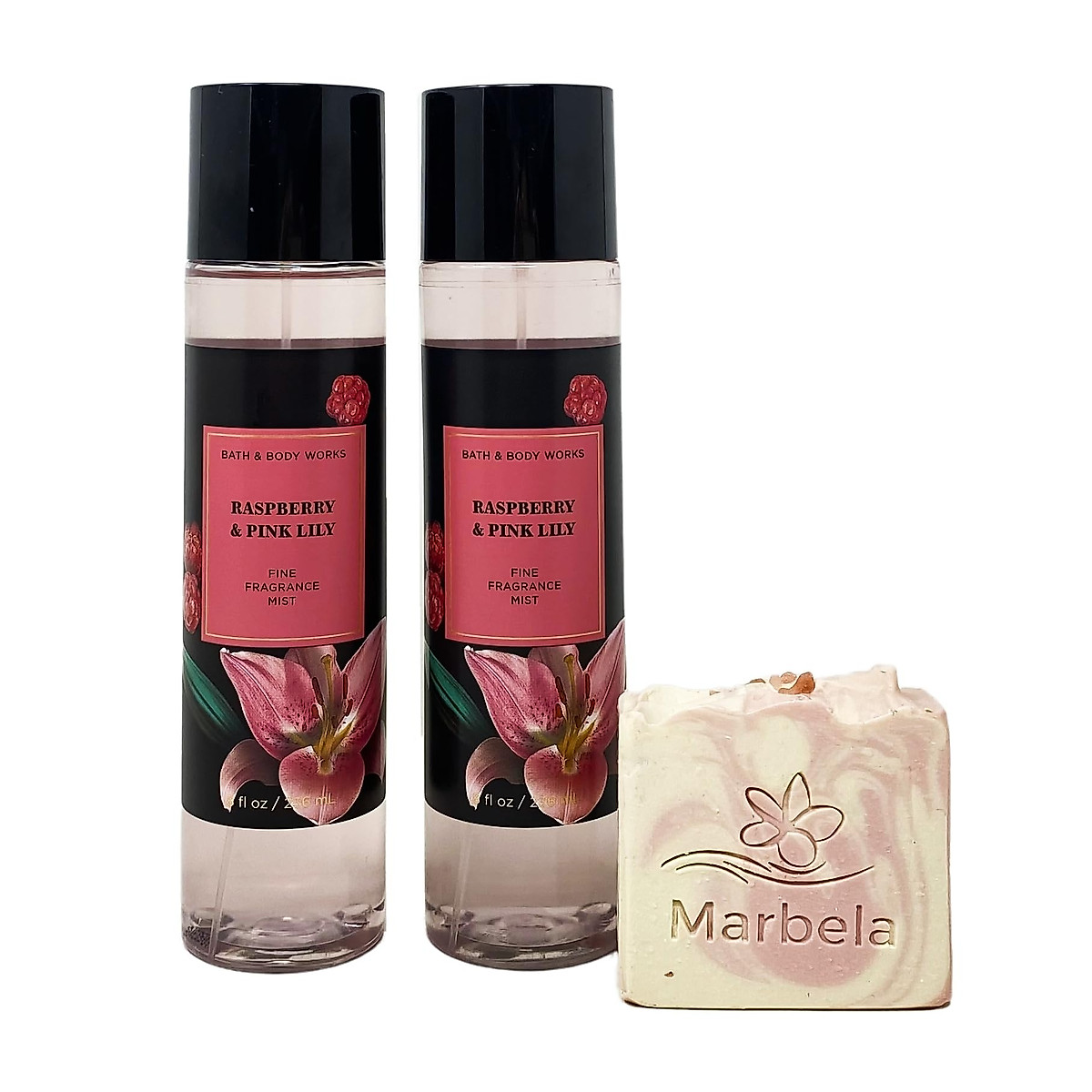 Bath & Body Works Raspberry & Pink Lily 2 Piece Fine Fragrance Mist Value Pack with a Himalayan Salts Springs Bar Soap - Full Size