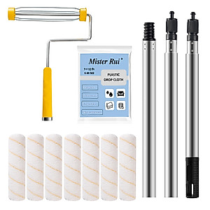 Mister Rui Paint Roller Kit, 10 Pack, 9 Inch Paint Roller Frame with Microfiber Roller Covers, Stainless Steel Extension Pole 3 Segments Total 3 Ft, Paint Supplies for Walls and Ceilings