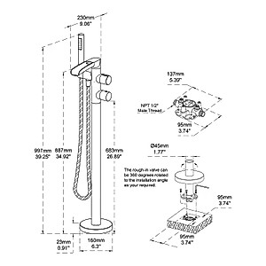 Qinkell Freestanding Thermostatic Bathtub Faucet Floor Mount Waterfall Tub Filler Brushed Gold Bathroom Taps with Handheld Shower