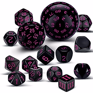 15 Pieces Complete Polyhedral Dice Set D3-D100 Spherical RPG Dice Set in Opaque Black, 100 Sides Dice Set for Role Playing Table Games Party Supplies (Black and Purple)