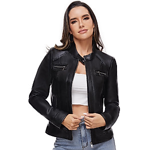 Fahsyee Women's Faux Leather Jackets, Zip Up Motorcycle Short PU Moto Biker Outwear Stand Collar Coat Size L Black