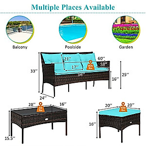 Acquire 3 PCS Patio Rattan Furniture Set 3-Seat Sofa Cushioned Table Turqouise Suitable for Poolside, Backyard and Garden, Etc