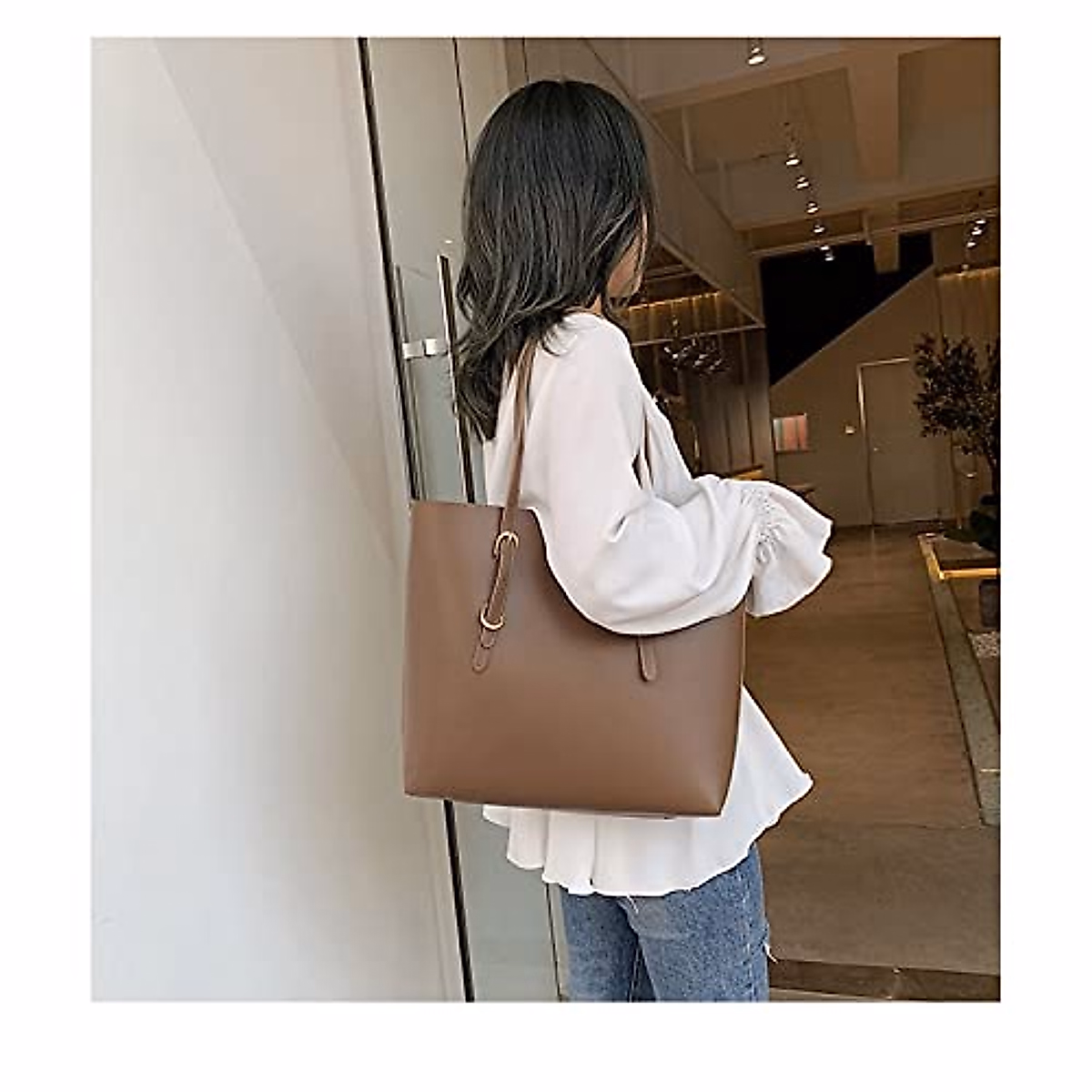 WPYYI Leather Bucket Composite Bags for Women Large Capacity Shoulder Bags Casual Tote (Color : Black, Size : 36x30cm)