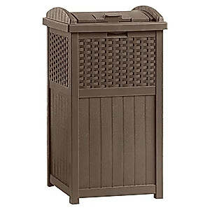 Suncast 73 Gallon Deck Box & Wicker Trash Hideaway Outdoor Garbage Bin, Java