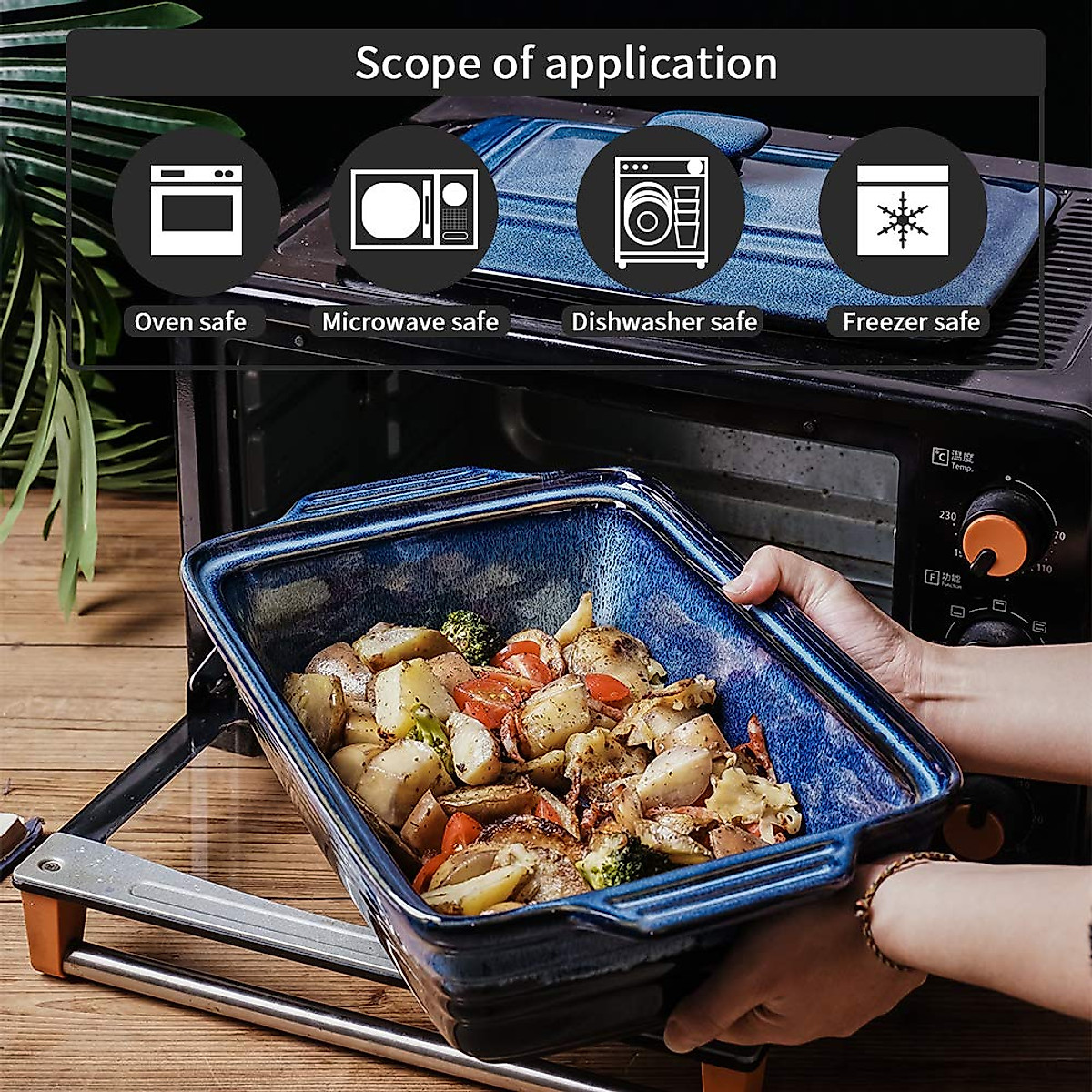 KOOV Ceramic Casserole Dish with Lid, Covered Rectangular Casserole Dish Set, Lasagna Pans with Lid for Cooking, Baking dish With Lid for Dinner, Kitchen, 9 x 13 Inches, Reactive Glaze (Nebula Blue)