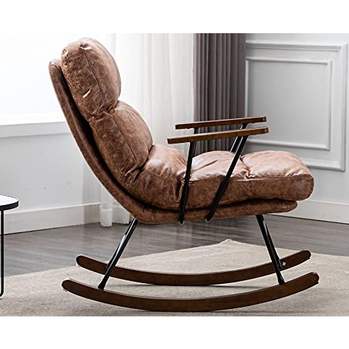 VESCASA Faux Leather Rocking Chair with Adjustable Cushioned Back, Overstuffed Nursery Rocker with Wood Arms, 22" W Lounge Glider Chair for Living Room/Bedroom/Reading, Brown