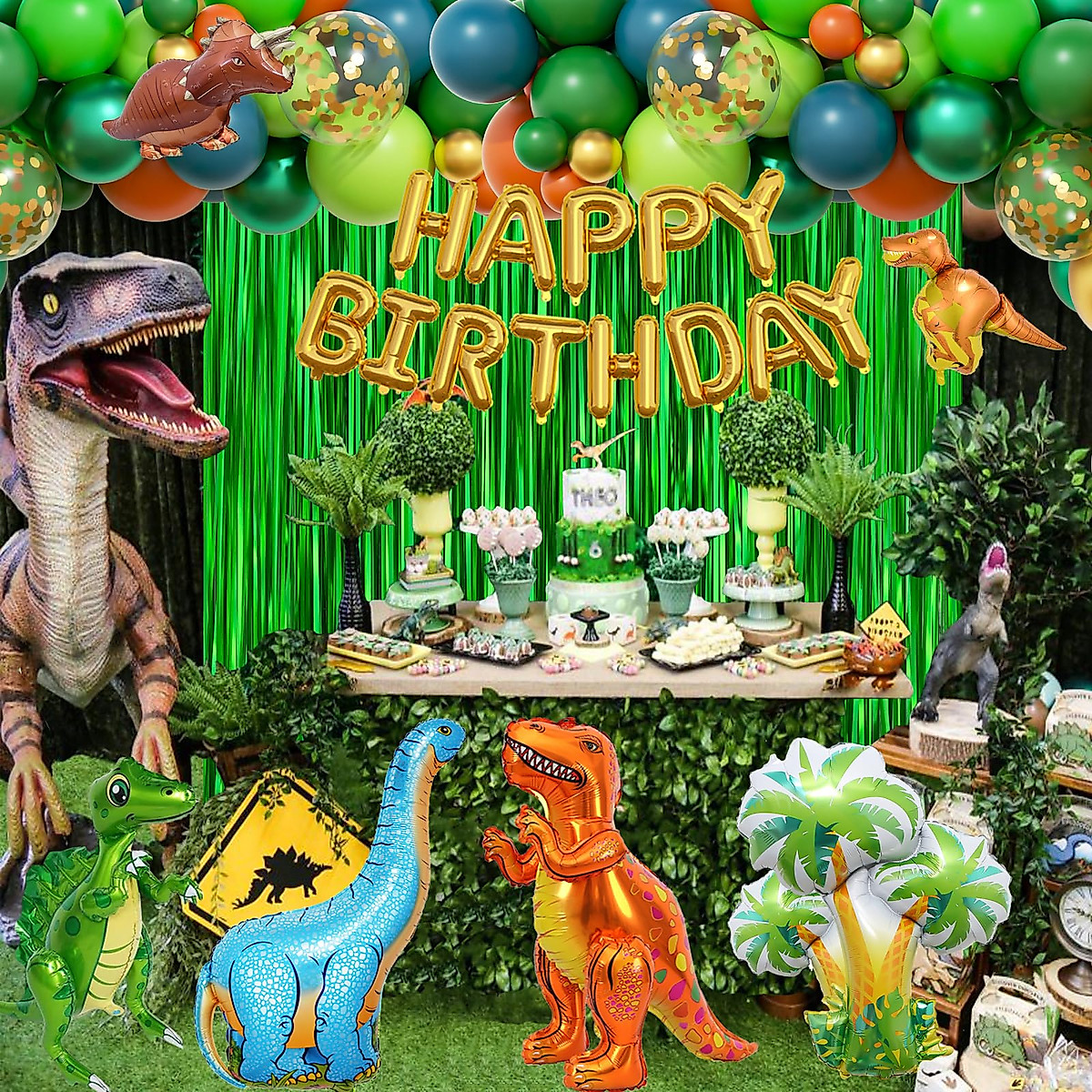 Dinosaur Birthday Party Decorations, 126Pcs Dinosaur Green Blue Orange Balloons Garland Arch Kit Happy Birthday Dino Foil Balloons Curtain for Boys Kids Jungle Safari Dino Themed Party Baby Shower