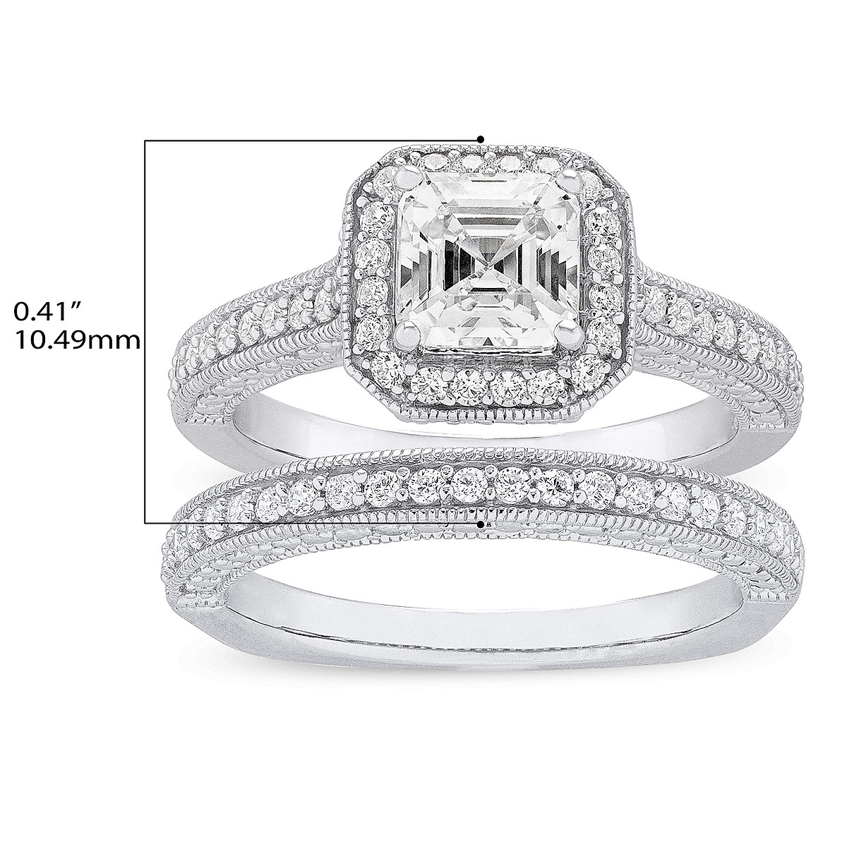 Lexi and Rose .925 Sterling Silver & Asscher Cut Cubic Zirconia with Halo Cathedral Style Engagement Ring and Half Eternity Style Wedding Band Bridal Set - Size 6