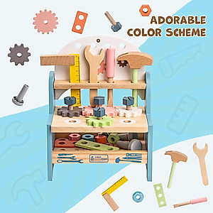 ROBUD Mini Wooden Play Tool Workbench Set for Kids Toddlers - Construction Toys Gift for 36 Months 3 4 5 Years Old Boys Girls
