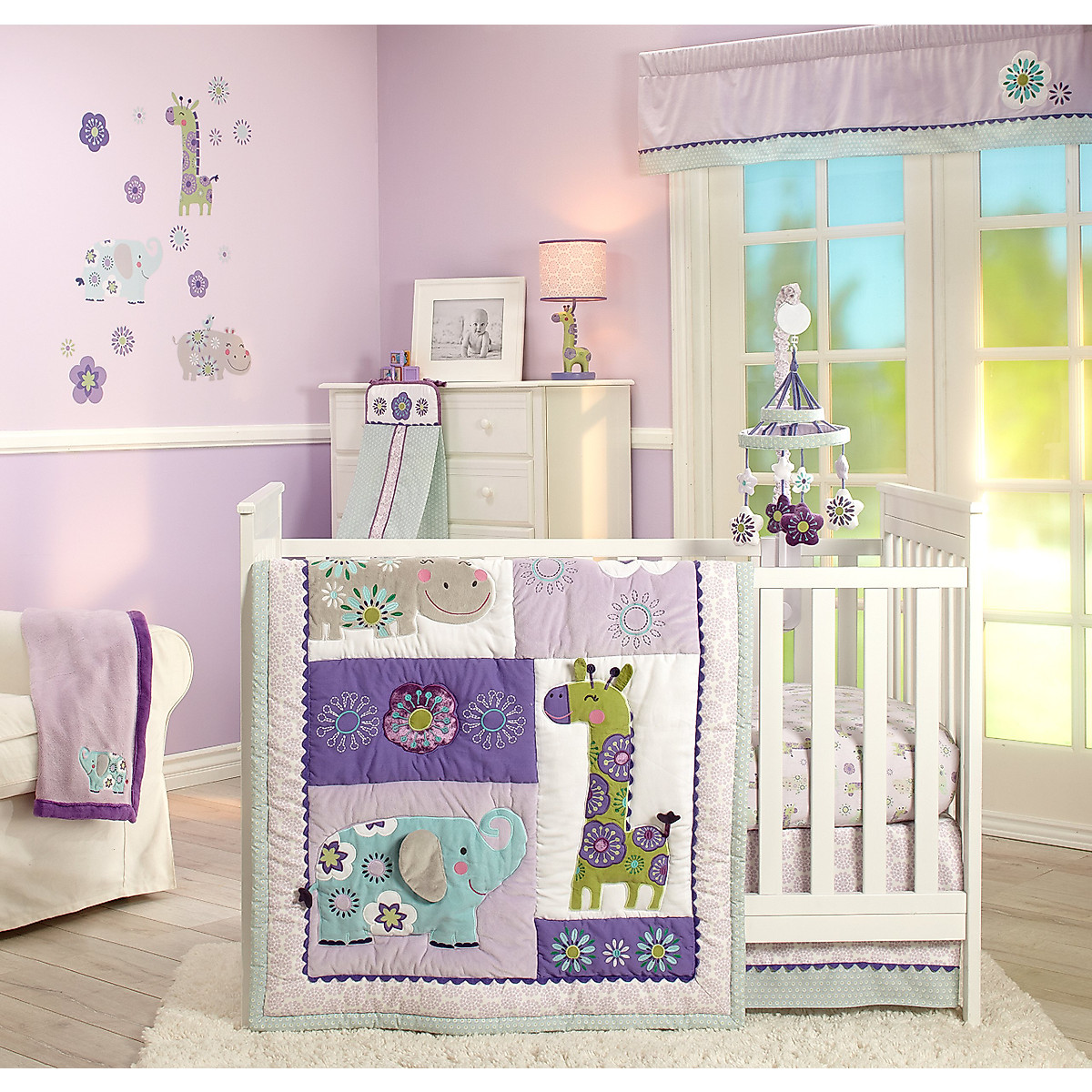 Carter's Zoo Jungle/Safari 4 Piece Nursery Crib Bedding Set, Lavender/Aqua/White