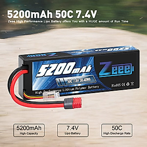 Zeee 2S Lipo Battery 5200mAh 7.4V 50C Deans T Plug with Housing Hard Case Battery for 1/8 1/10 RC Vehicles Car Slash RC Buggy Truggy RC Truck Racing Hobby(2 Pack)