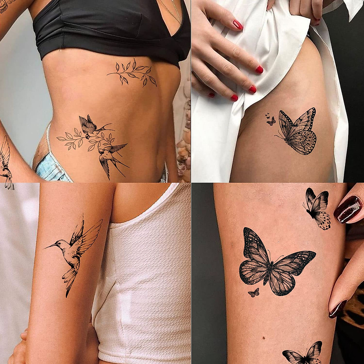 Tazimi 6 sheets large Black Butterfly Temporary Tattoos for Women-flowers butterflies Hummingbird swallow Rose Temporary Tattoos Waterproof Long Lasting Tattoos Stickers Sexy Fake Tattoo for Adults