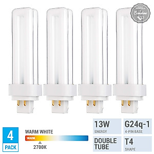 KOR - 13 Watt Double Tube - G24Q-1 (4 Pin) Base, 2700K Warm White - CFL Light Bulb. Replaces Sylvania 20682 CF13DD/E/827 and GE 97594 F13DBX/827/ECO4P - 4 Pack (Warm White)