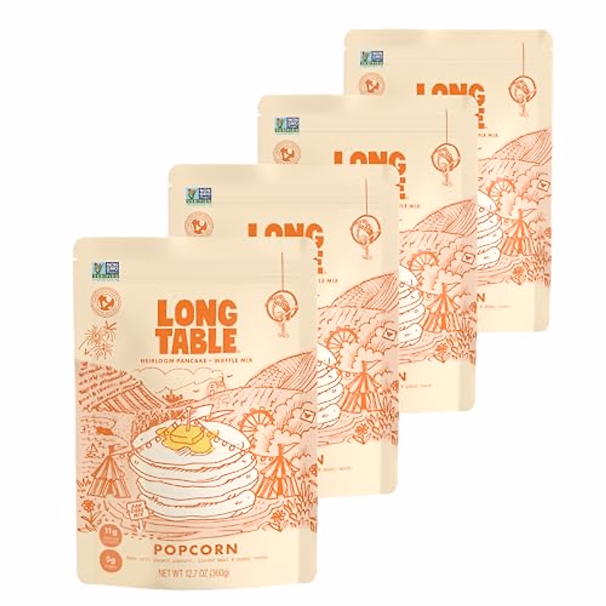 LONG TABLE Popcorn Pancake and Waffle Mix | Shark Tank's Favorite | High Protein, Fiber-Rich, Heirloom Grains | 4-Pack"