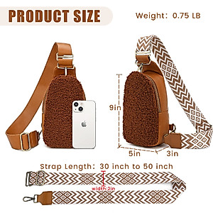 AI EN JIU Sling Bag for Women, Fleece Crossbody Fanny Pack Sling Chest Bag for Women，Leather Sherpa Sling Daypack Shoulder Backpack with 2 Adjustable Straps(Brown)