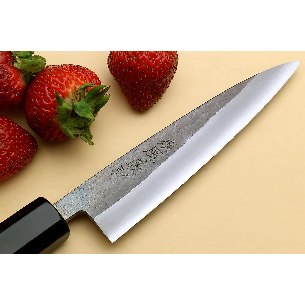 Yoshihiro Kurouchi Black-Forged Blue Steel Stainless Clad Petty Utility Knife Ebony Handle (5.3'' (135mm) & Saya)