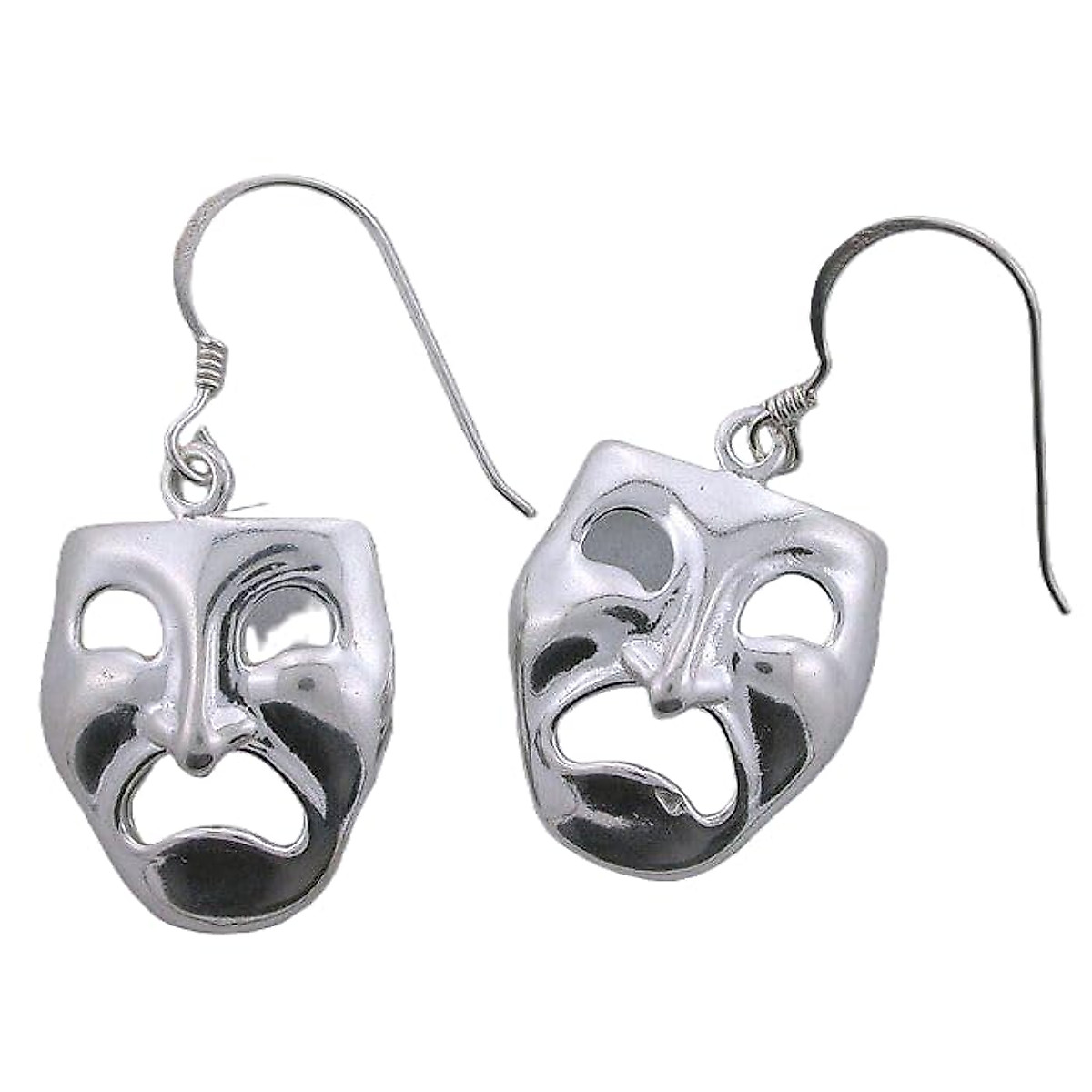 Pair Greek Drama Comedy Tragedy Mask Dangle Earrings .925 Pure Sterling Silver