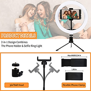 Desk Ring Light with Stand, 10'' Dimmable Selfie Ring Light with Mini Tripod Stand and Phone Holder, Make Up LED Ring Light with Bluetooth Shutter for Zoom Meetings/Vlog/Tiktok/YouTube