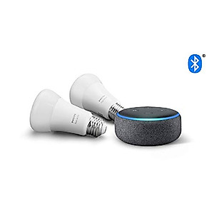 Echo Dot (3rd Gen) Charcoal Bundle with Philips Hue White 2-pack A19 Smart Bulbs, Bluetooth & Zigbee compatible (No Hub Required)