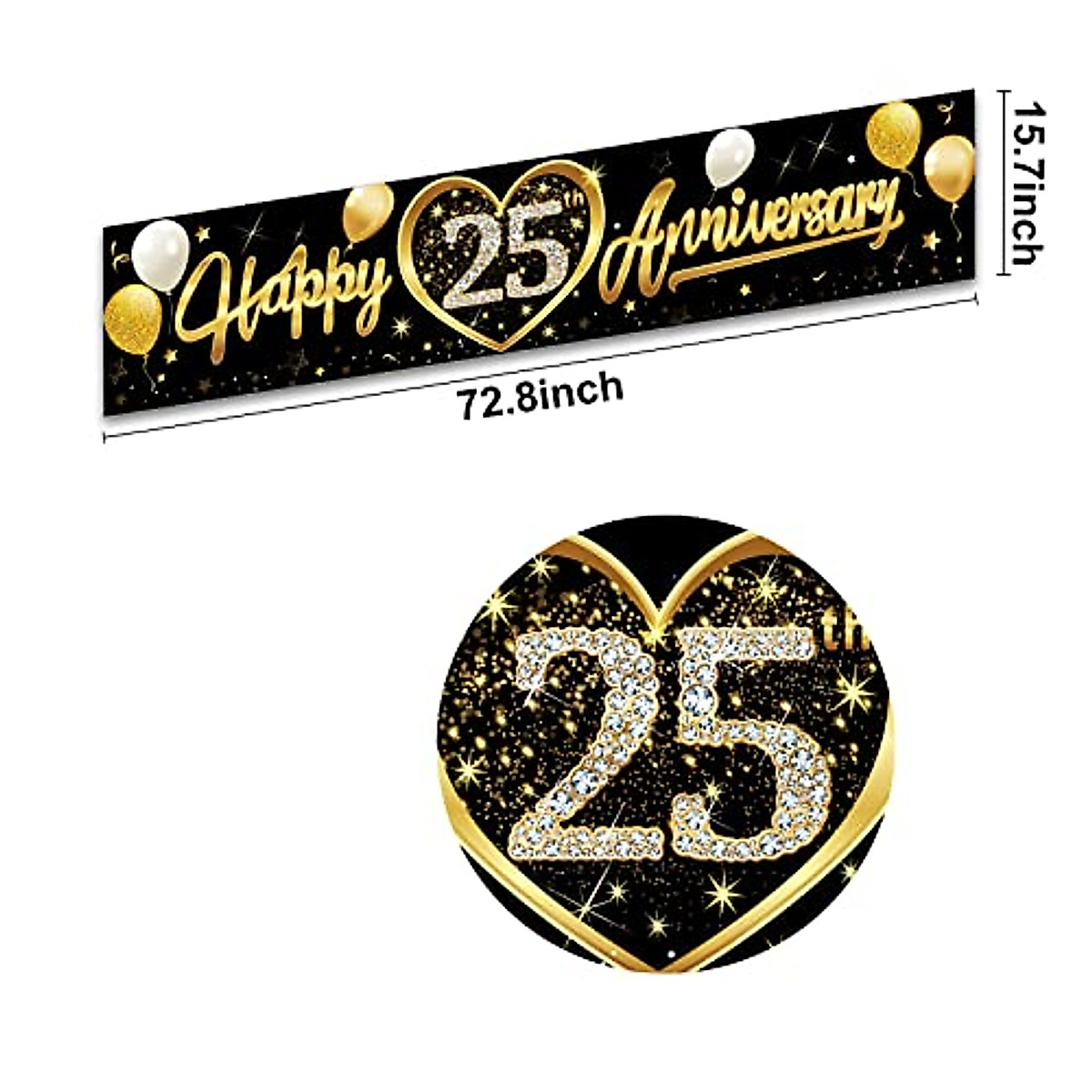 Kauayurk Happy 25th Wedding Anniversary Banner Decorations, Black Gold 25th Anniversary Sign Party Supplies, 25th Wedding Anniversary Decor Photo Booth for Outdoor Indoor