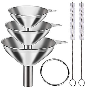 YLYL 6Pcs Metal Stainless Steel Funnel, Large Small Funnel Set of 3, Food Grade Mini Funnels for Kitchen Use Filling Bottles Flask Cooking, 2 Brushes