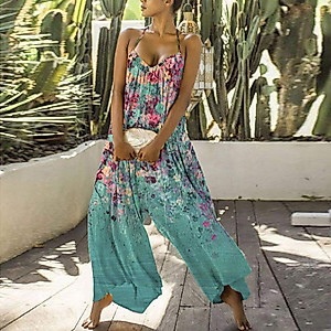 Padaleks Women's Summer Floral Boho Jumpsuit One Piece Baggy Harem Pants Sexy V Neck Halter Backless Romper Outfits