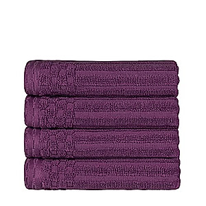 SUPERIOR Cotton 4-Piece Solid and Ribbed Hand Towel Set, Hand Towels- 16" x 28", Plum