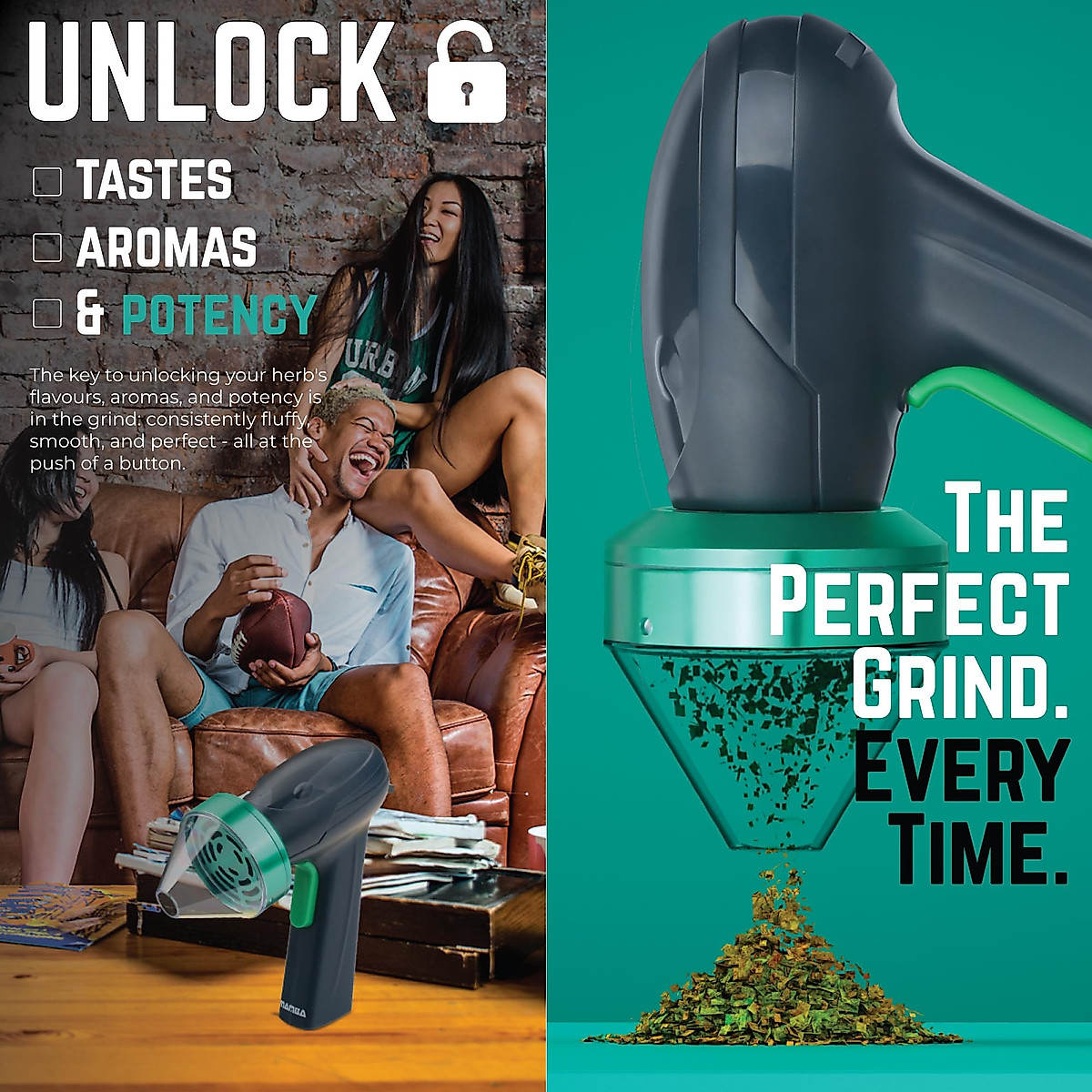 Mamba Monster 3.5g Green Portable Electric Herb Grinder. Rechargeable USB Powered Essential Kitchen Spice Mill for One Handed Grinding