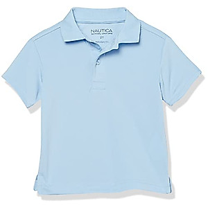 Nautica Boys' School Uniform Short Sleeve Polo Shirt, Button Closure, Moisture Wicking Performance Material, Light Blue, 14-16
